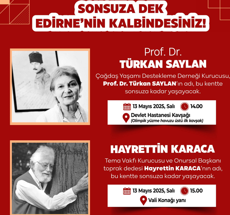 Türkan Saylan ve Hayrettin Karaca’nın isimleri Edirne’de yaşayacak ...